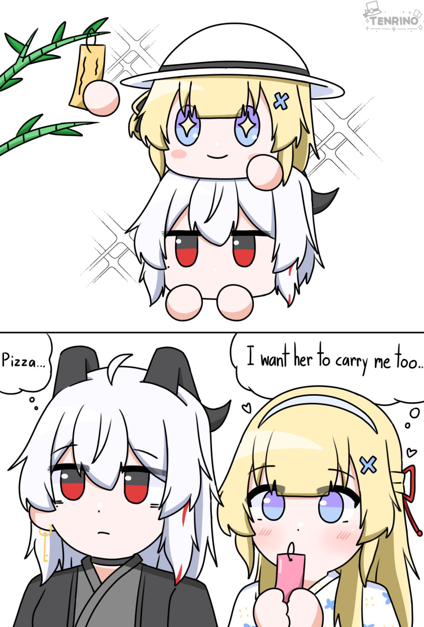 Safebooru - 2girls ahoge black eyes black horns black kimono blonde hair blue eyes closed mouth ...