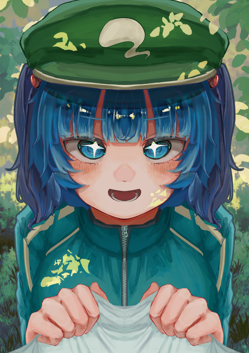 Safebooru - + + 1girl :d absurdres alternate costume blue eyes blue hair blue jacket blunt bangs ...