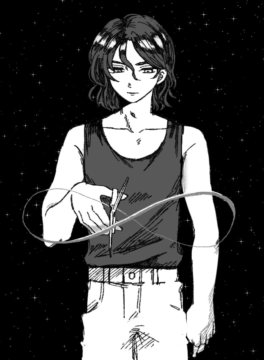 Safebooru - 1boy cowboy shot greyscale gundam gundam gquuuuuux highres holding holding scissors ...