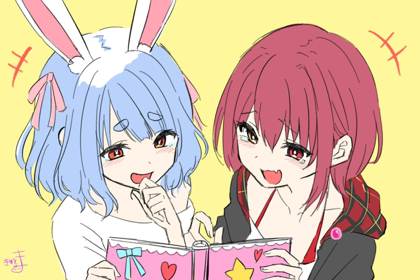 Safebooru - +++ 2girls :d animal ear fluff animal ears black jacket blue hair blush brown ...
