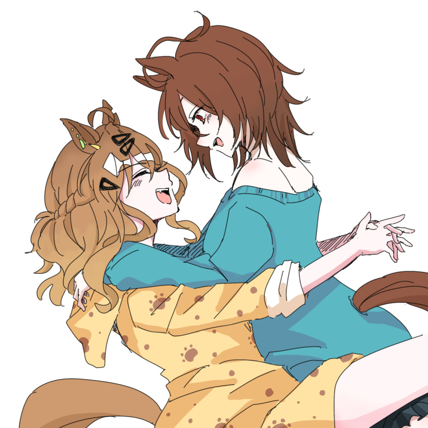 Safebooru - 2girls :d agnes tachyon (umamusume) ahoge animal ears aqua sweater blush braid brown ...