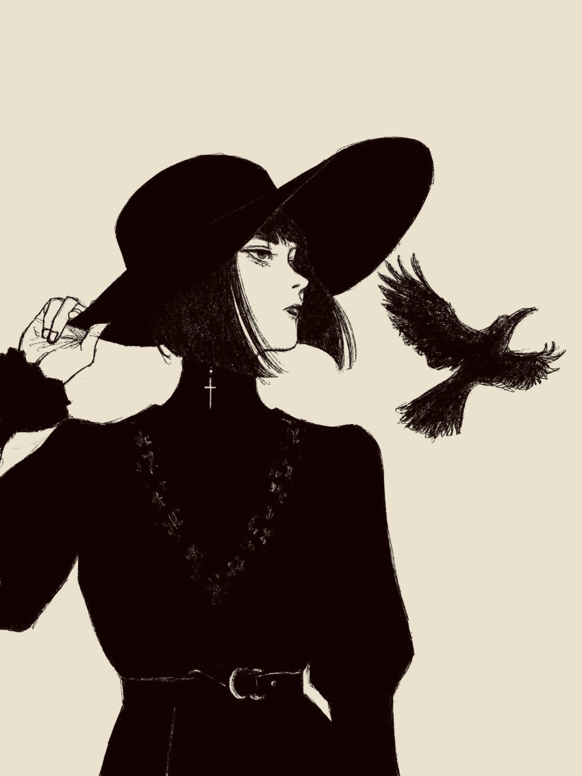 Safebooru - 1girl animal belt bird black dress black hair bob cut brown theme cross cross ...
