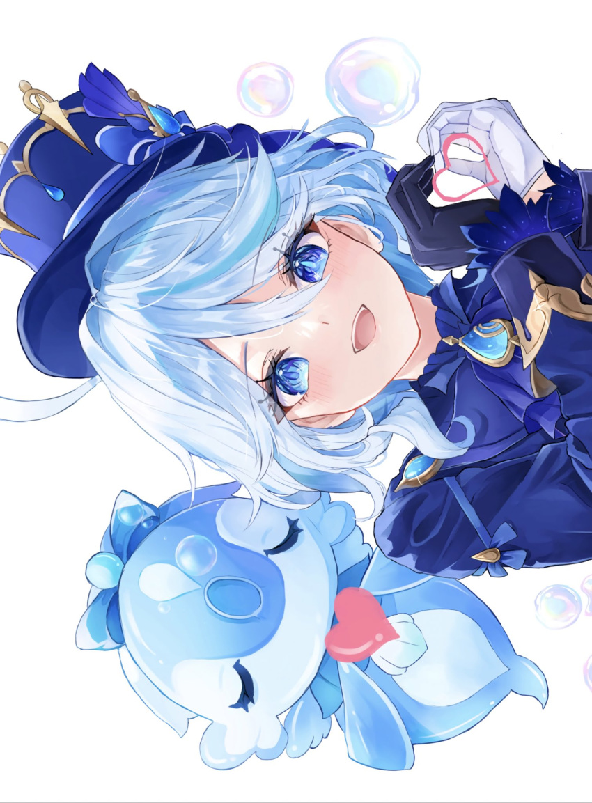 Safebooru - 1girl :d ahoge asymmetrical gloves black gloves blue eyes blue hair blue hat blue ...