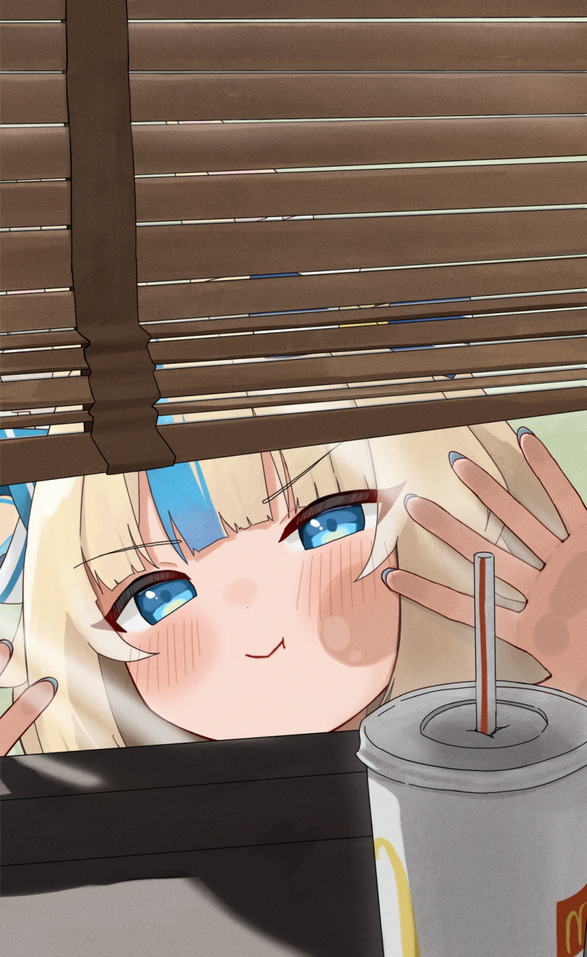 Safebooru - 1girl against glass blonde hair blue eyes blue hair blush closed mouth commentary ...
