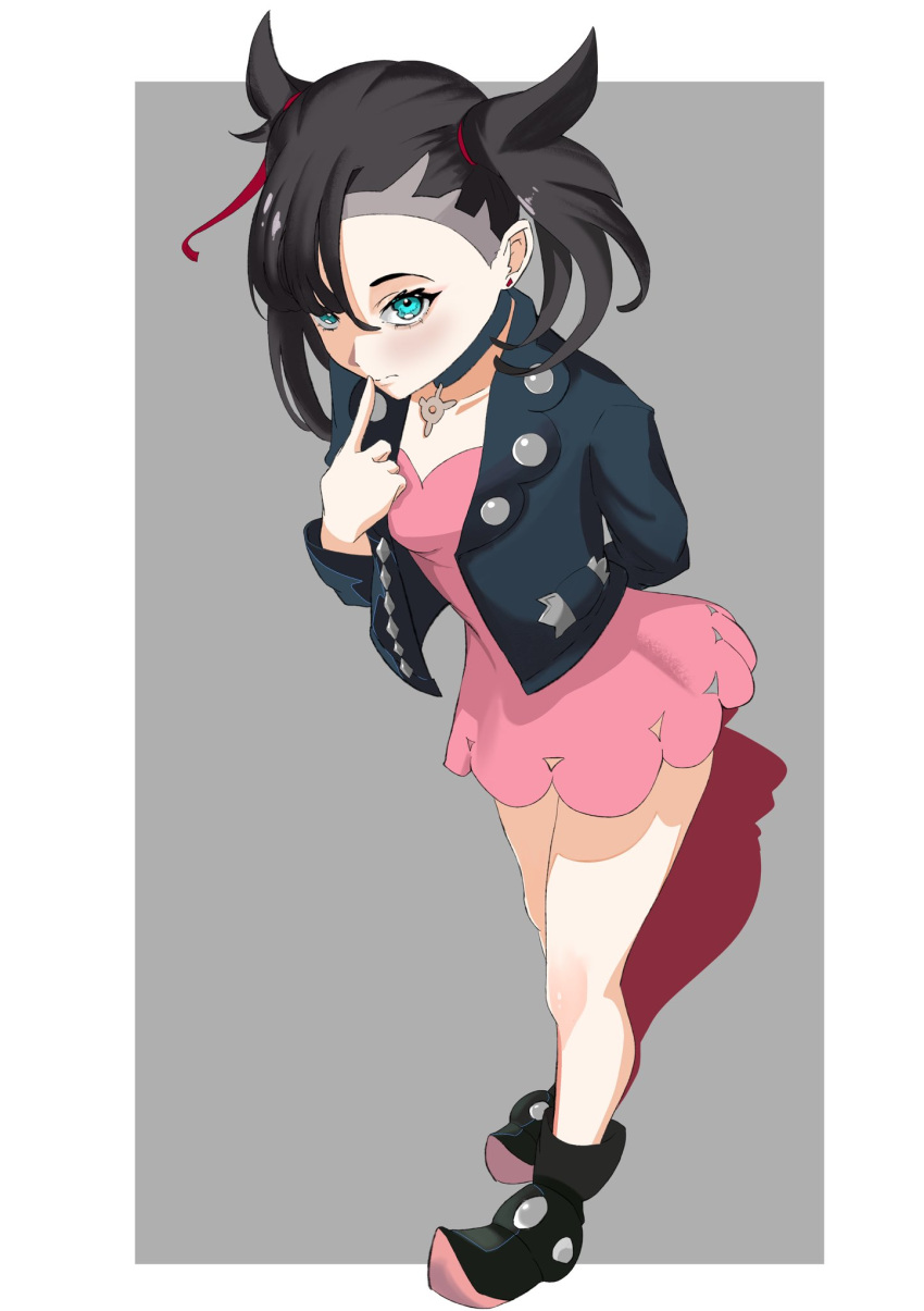 Safebooru - 1girl aqua eyes arm behind back asymmetrical bangs black choker black hair black ...