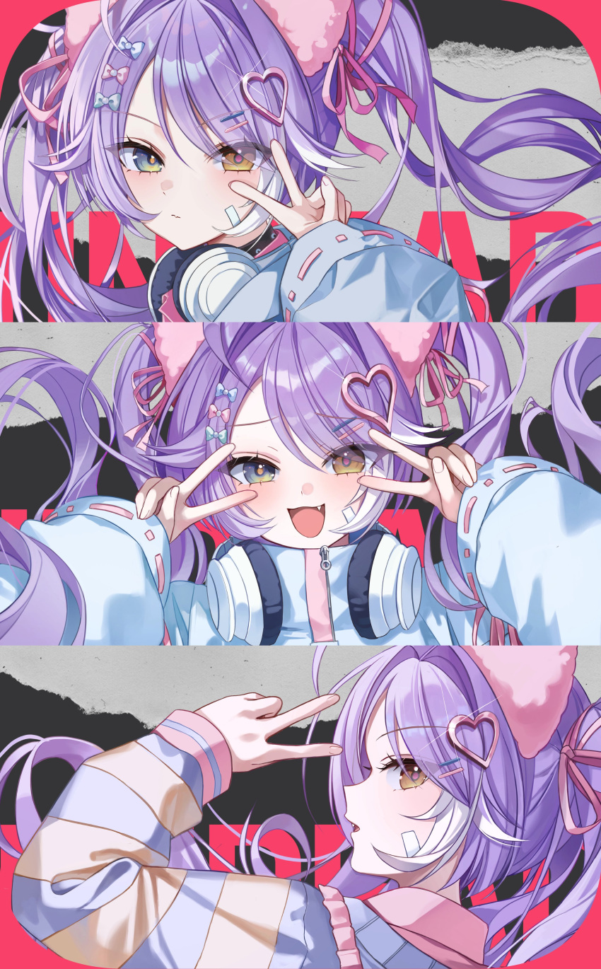 Safebooru 1girl Absurdres Blue Eyes Blush Double V Fang Headphones 1901