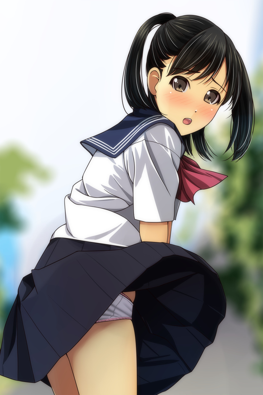 Safebooru - 1girl :o absurdres bangs black hair black skirt blue sailor collar blurry blurry ...