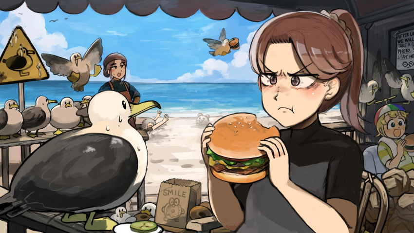 Safebooru - 4girls :d apron bag beach bird black shirt black wetsuit ...