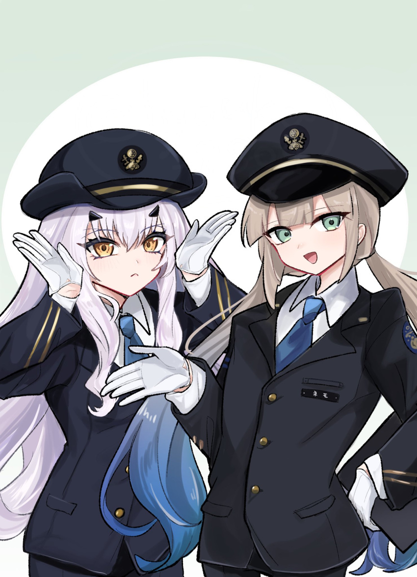 Safebooru - 1girl 1other badge blue hair blue necktie brown hair ...