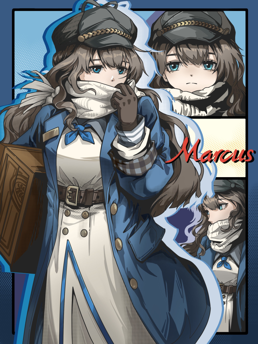 Safebooru - 1girl :| absurdres adjusting scarf bai long i belt blue background blue coat blue ...