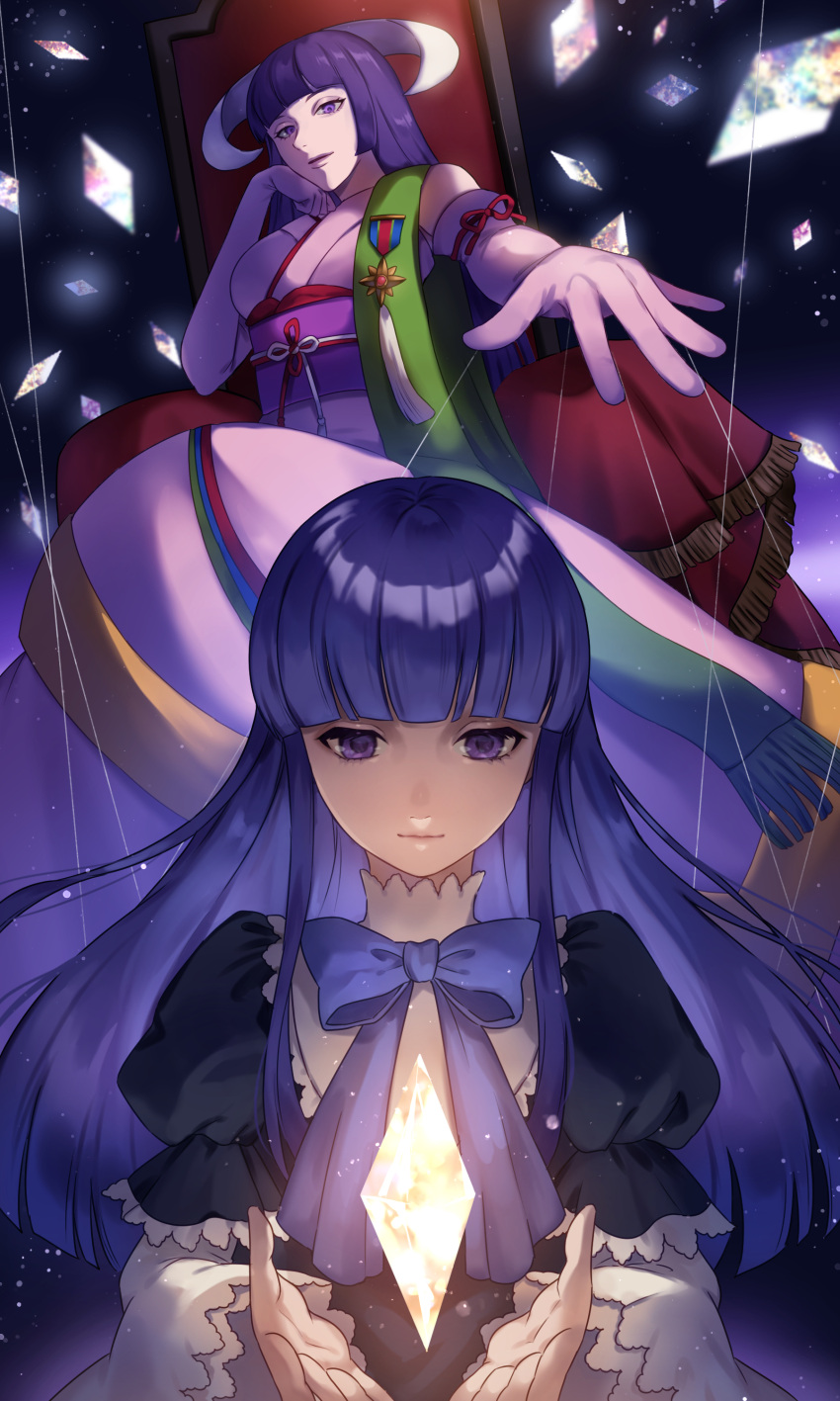 Safebooru - 2girls absurdres black dress blue hair blunt bangs closed ...