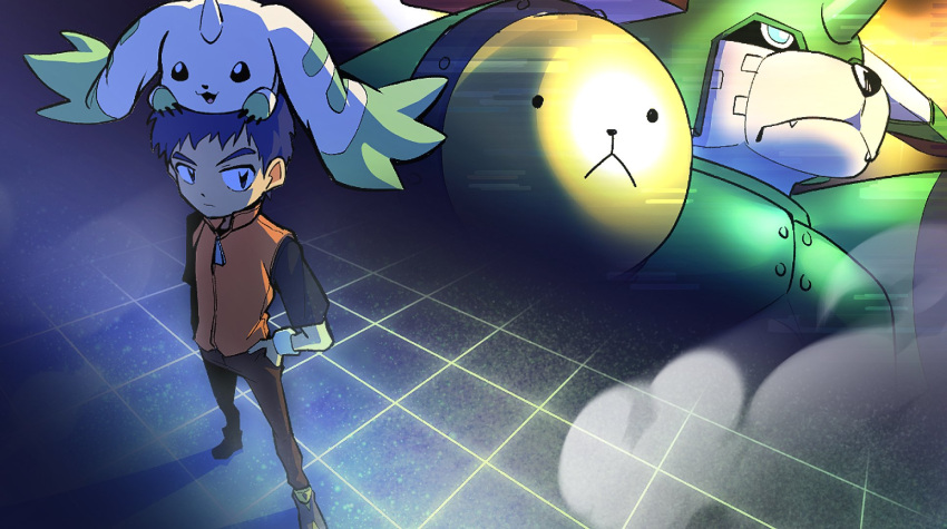 Safebooru - 1boy animal on head armor black shirt blue hair digimon ...