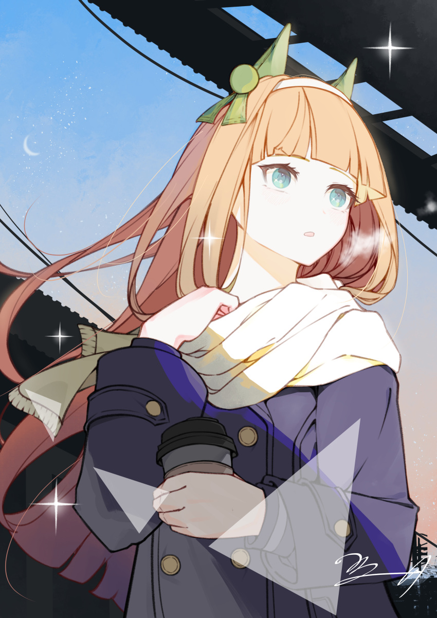 Safebooru - 1girl absurdres adjusting scarf blue coat blue eyes blue sky blunt bangs breath ...