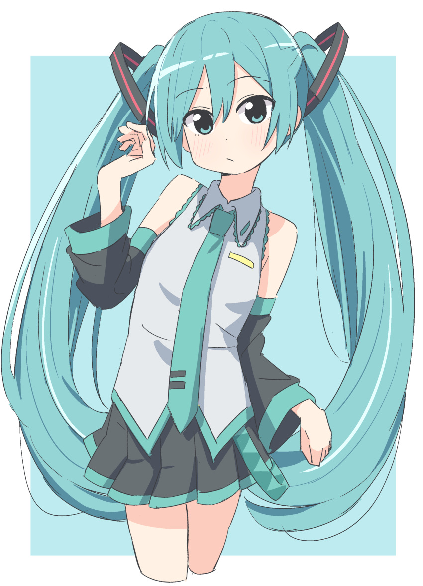 Safebooru - 1girl :/ absurdres aqua background aqua eyes aqua necktie arm up auhuheben17 black ...