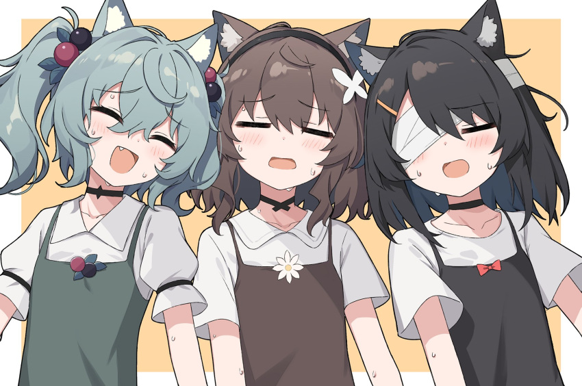 Safebooru - 3girls animal ear fluff animal ears bandage over one eye black hair cat ears cat ...