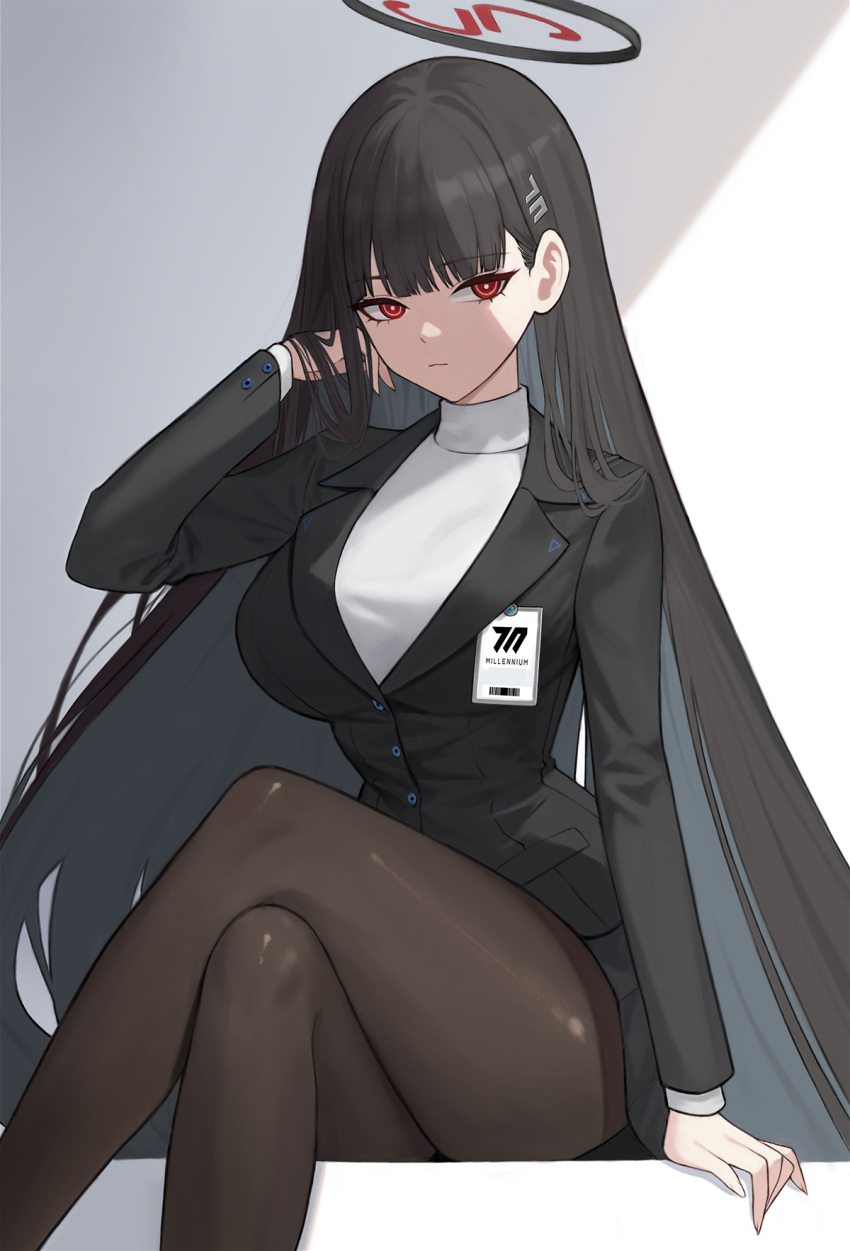 Safebooru - 1girl black hair black halo black pantyhose blazer blue archive breasts crossed legs ...