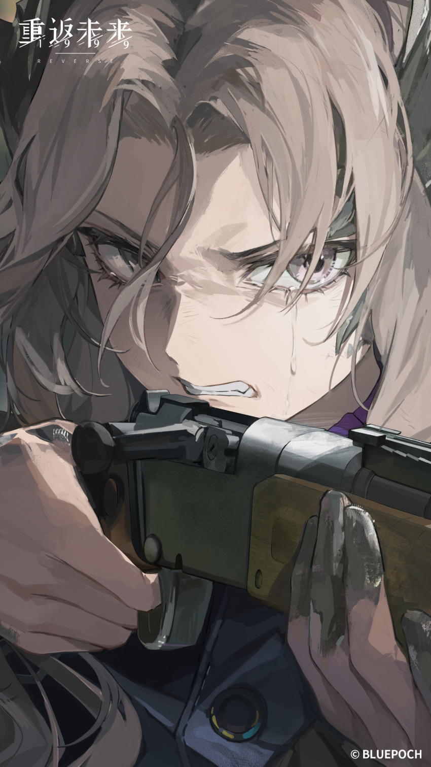Safebooru - 1girl absurdres aiming angry blue jacket clenched teeth ...