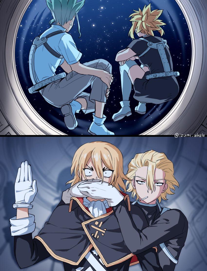 Safebooru - 1girl 3boys artist name blonde hair dr. stone green hair ...
