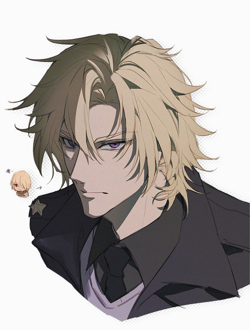 Safebooru - 1boy black jacket black necktie blonde hair chibi chibi inset collared shirt cropped ...