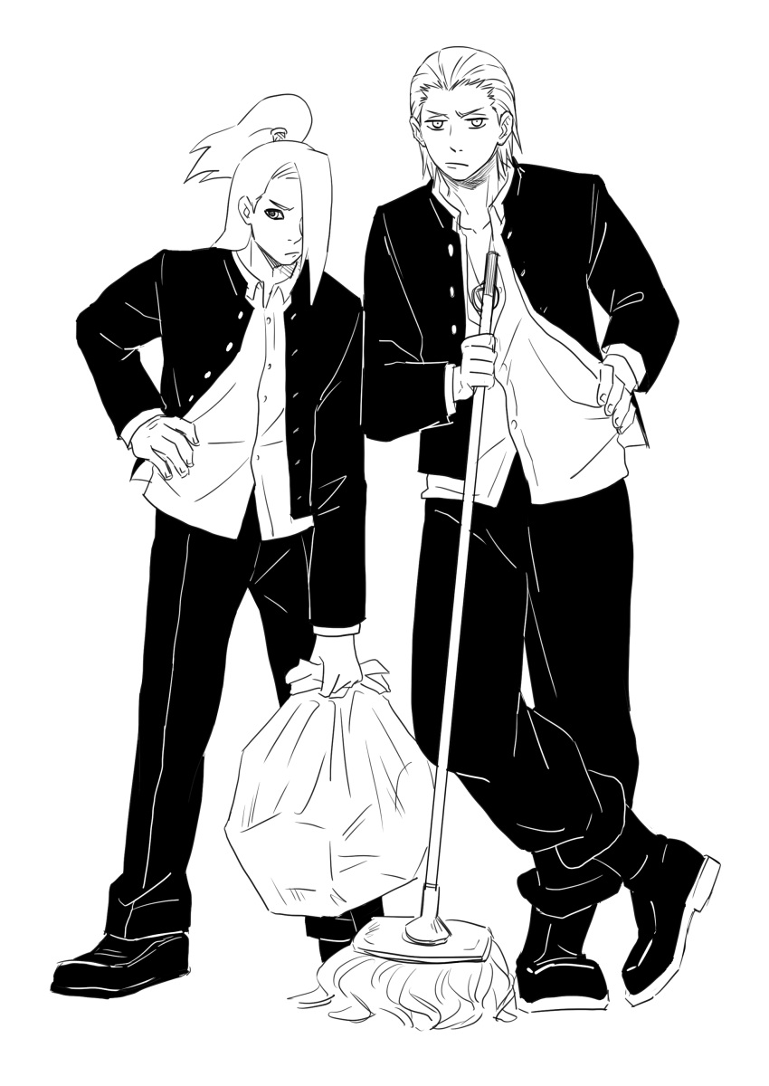 Safebooru - 2boys absurdres closed mouth full body gakuran greyscale ...
