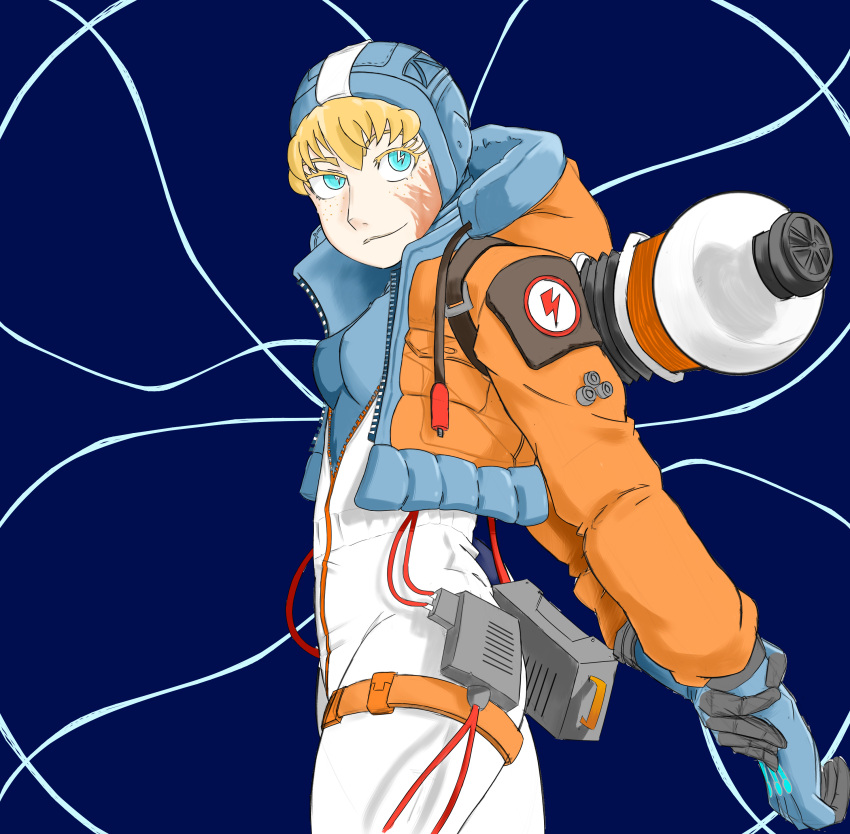 Safebooru - 1girl absurdres apex legends arms behind back blonde hair blue eyes coat electricity ...