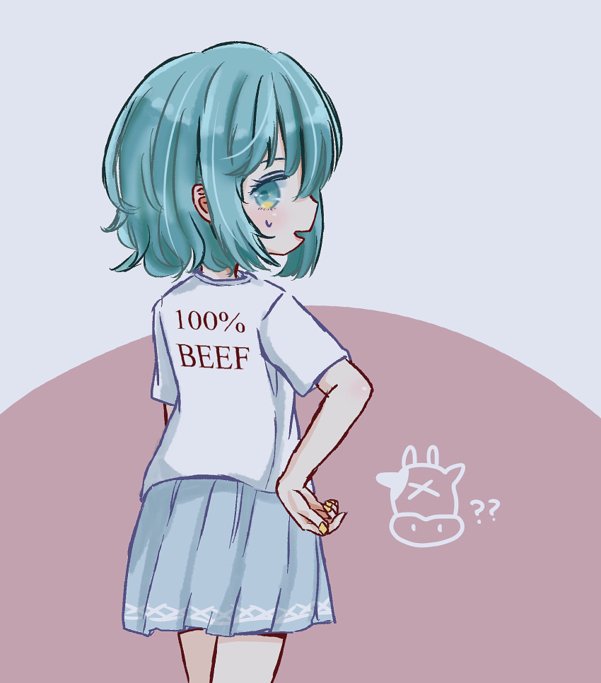 Safebooru - 1girl alternate costume aqua eyes aqua hair blue skirt contemporary cow highres salt ...