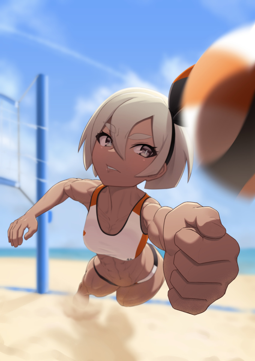Safebooru - 1girl abs absurdres ball bare arms beach beachball bikini blue sky breasts buruma ...