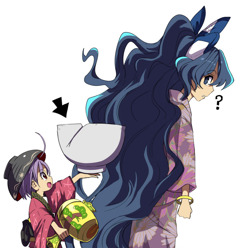 Safebooru - 2girls ? ahoge alternate costume arm at side arms up bangle blue eyes blue hair bow ...