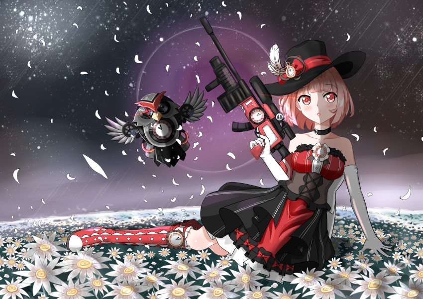 Safebooru - 1girl absurdres boots flower gun highres magical girl neko kizuna original pink eyes ...