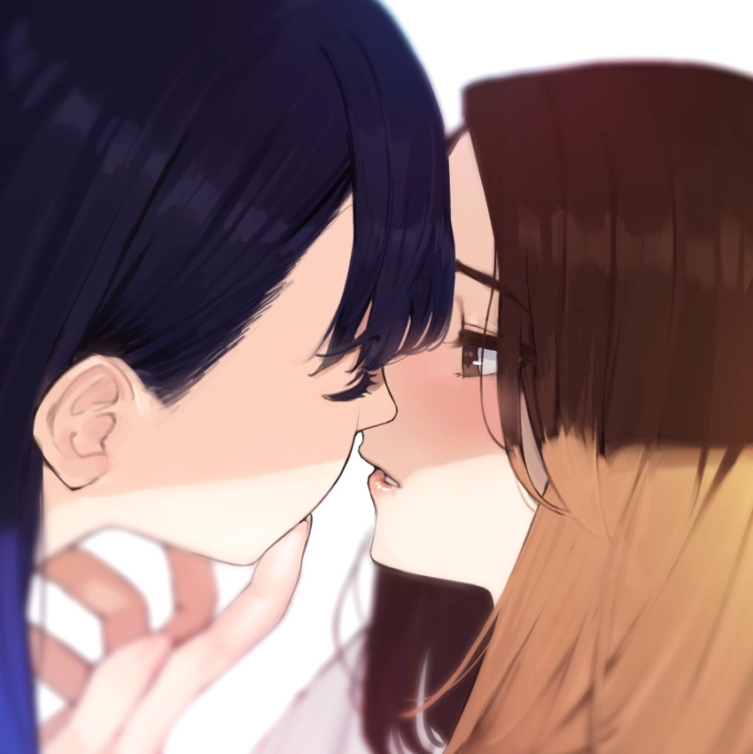 Safebooru - 2girls aikawa ren bangs blue hair blush brown eyes brown hair close-up closed eyes ...