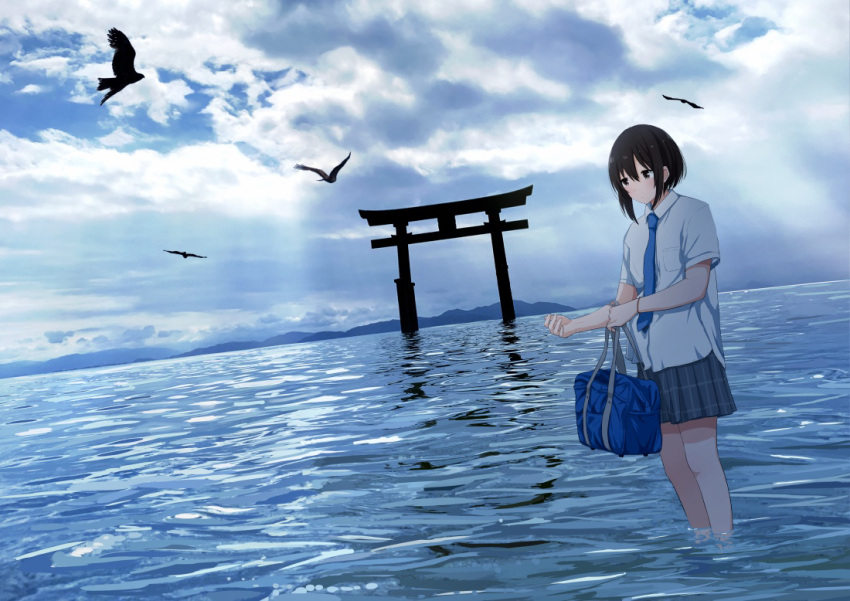 Safebooru - 1girl bag bird black hair blue neckwear blue sky blush brown eyes closed mouth ...