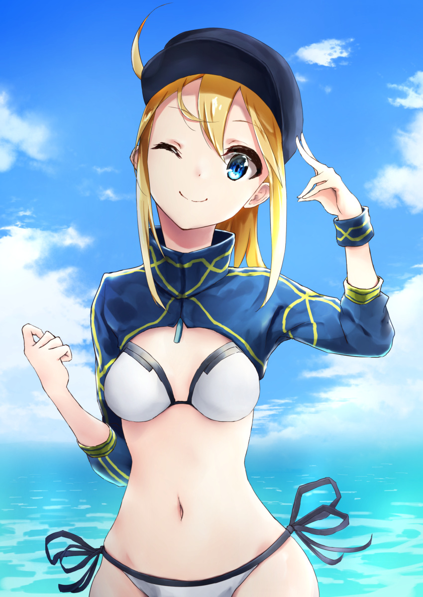 Safebooru - 1girl absurdres ahoge artoria pendragon (all) baseball cap bikini blonde hair blue ...