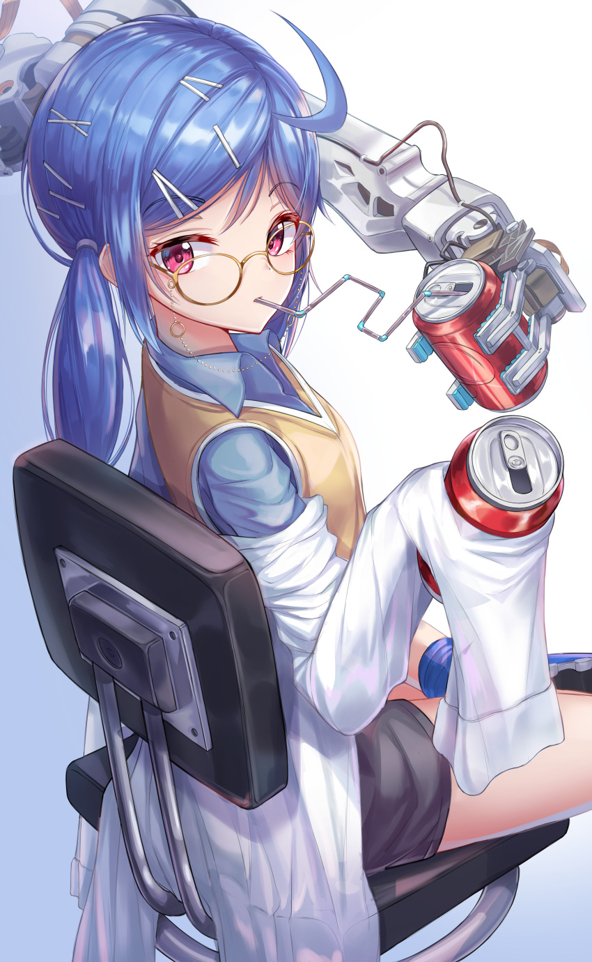 Safebooru - 1girl absurdres ahoge blue hair blue shirt brown sweater ...