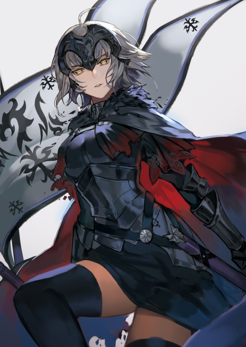 Safebooru - 1girl absurdres ahoge armor armored dress banner black dress black legwear cape ...