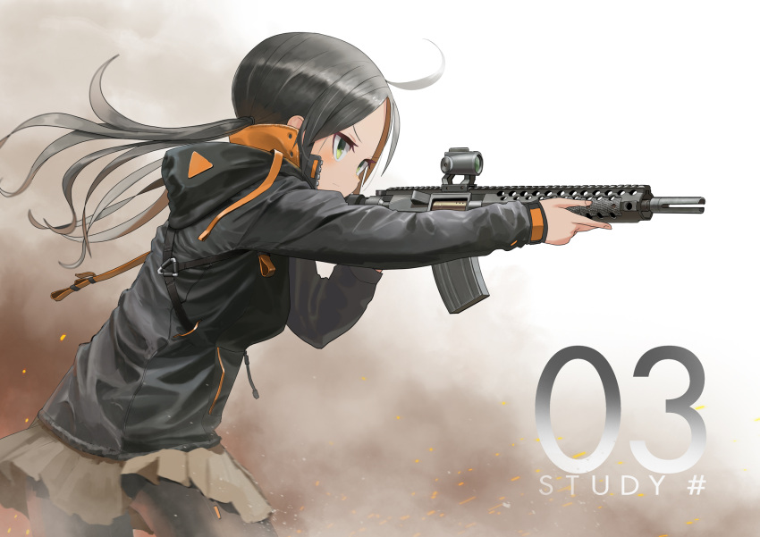 Safebooru - 1girl ahoge aiming assault rifle autism wanderer black hair ...