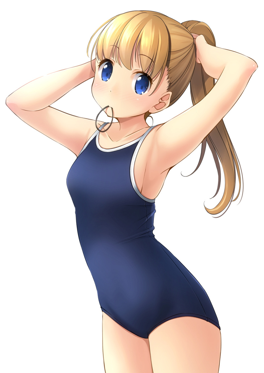 Safebooru - 1girl armpits arms up blonde hair blue eyes blue swimsuit collarbone commentary ...