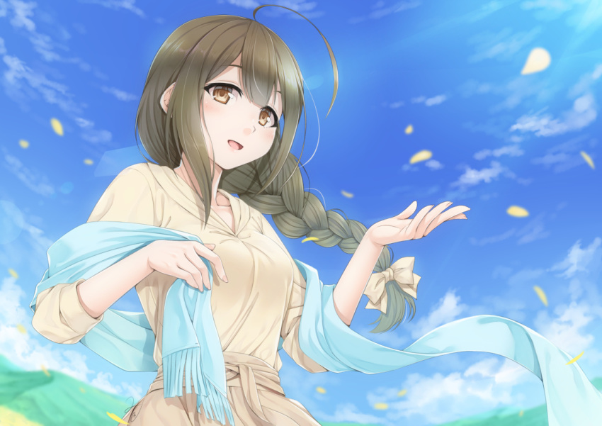 Safebooru - 1girl ahoge bangs blue scarf blue sky blush braid breasts brown eyes brown hair ...