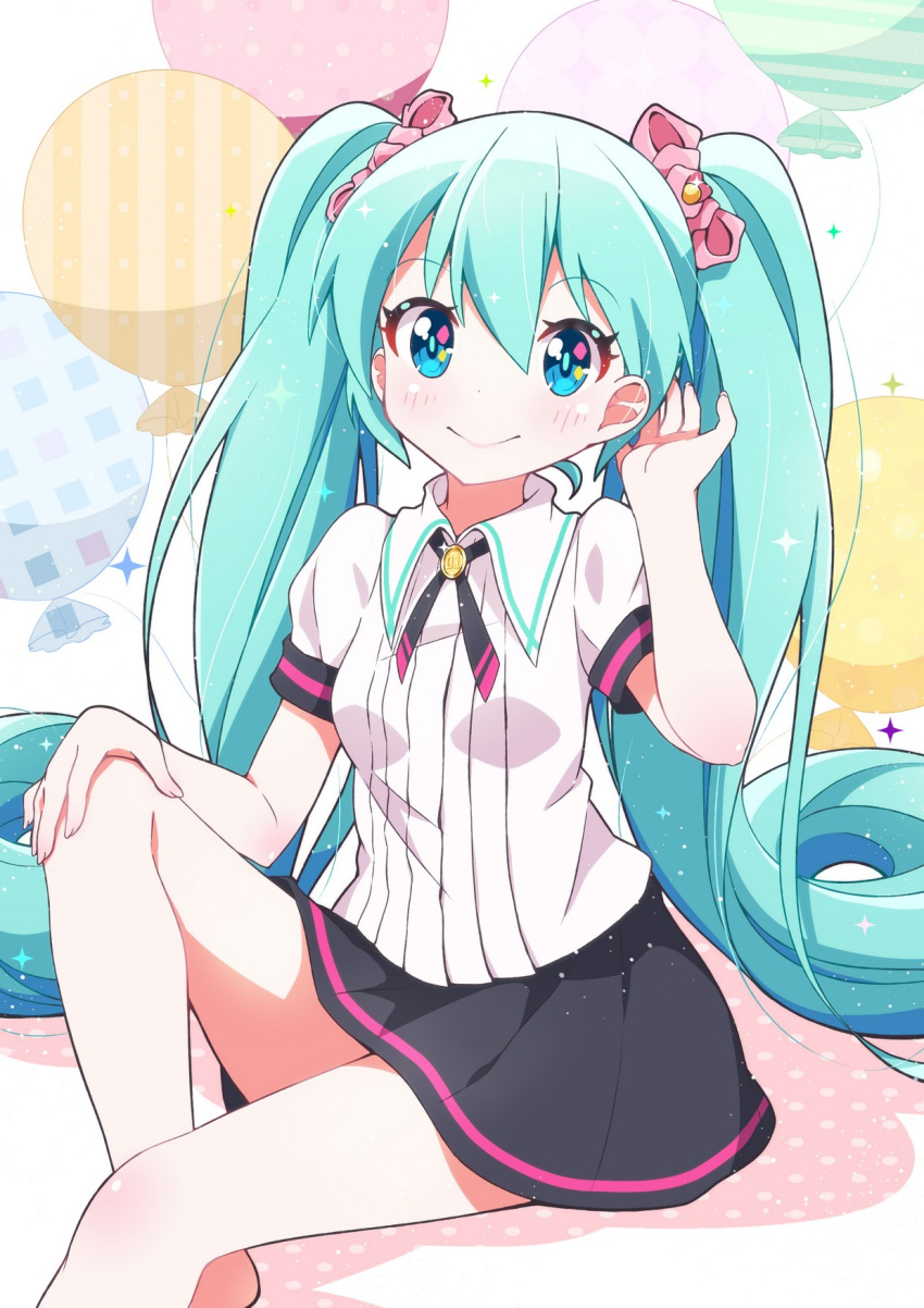Safebooru - 1girl aqua eyes aqua hair balloon black skirt fuusen neko hair between eyes hatsune ...