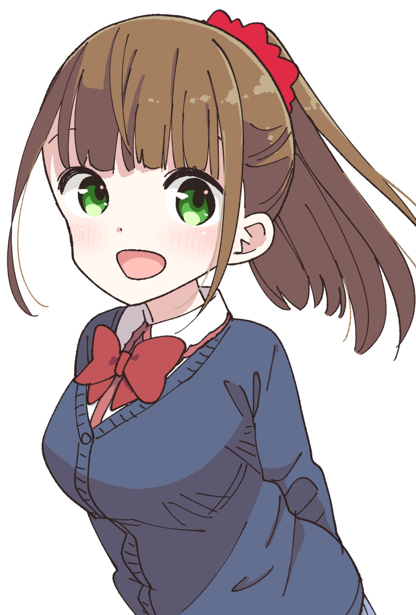 Safebooru - 1girl arms behind back black cardigan bow brown hair ...