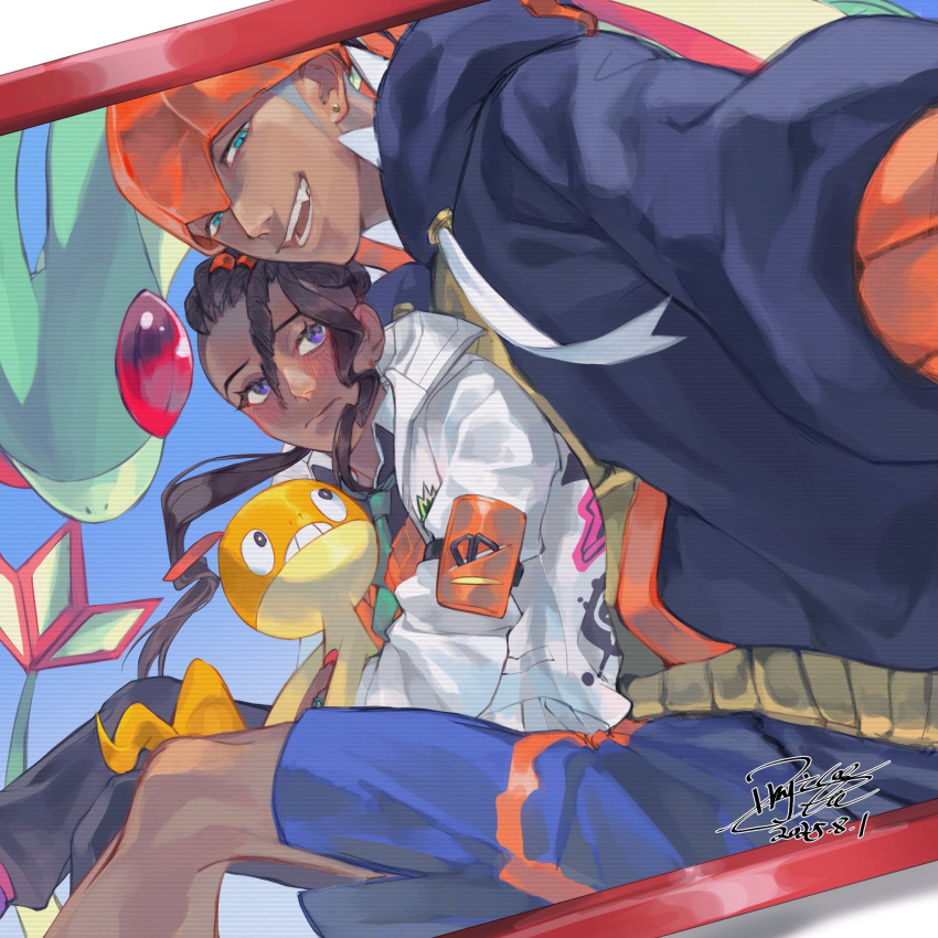 Safebooru - 2boys :d black hoodie black shirt blue shorts closed mouth ...