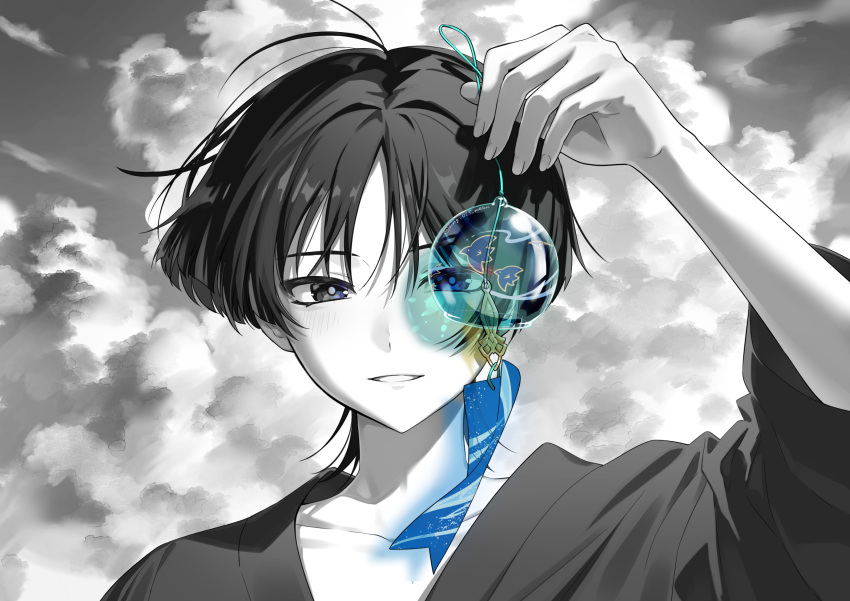 Safebooru - 1boy animal print arm up bird print blue eyes blunt ends ...