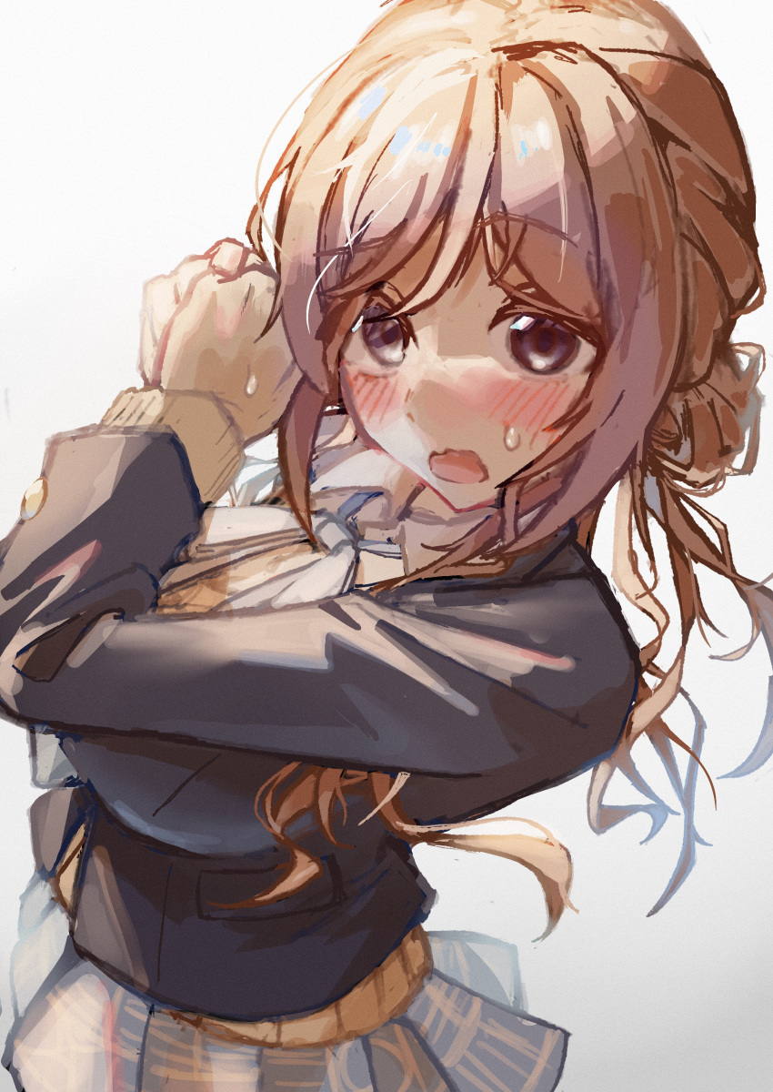 Safebooru - 1girl :o absurdres black jacket blazer blue eyes blue skirt blush brown hair gakuen ...