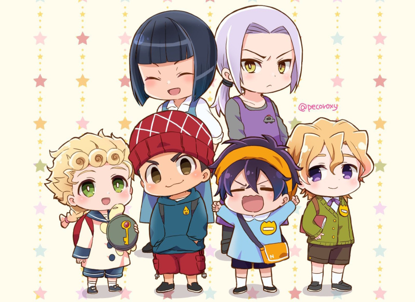 Safebooru - 6+boys :3 aged down apron arms up black hair blue apron ...