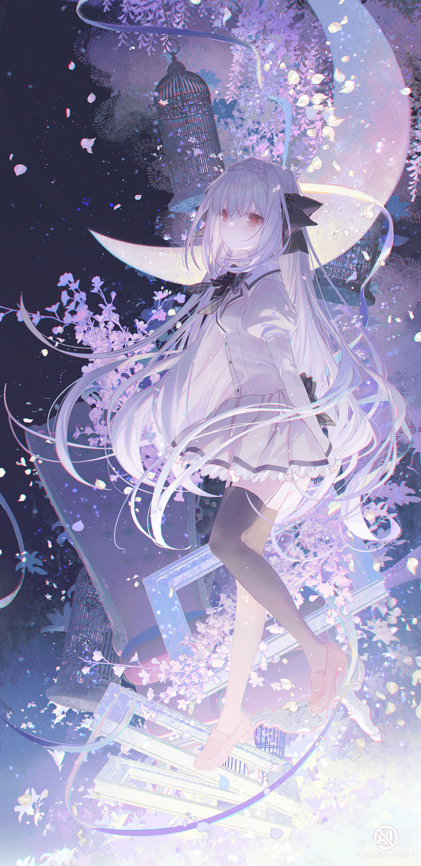 Safebooru - 1girl absurdres black bow black thighhighs blush bow braid breasts closed mouth ...