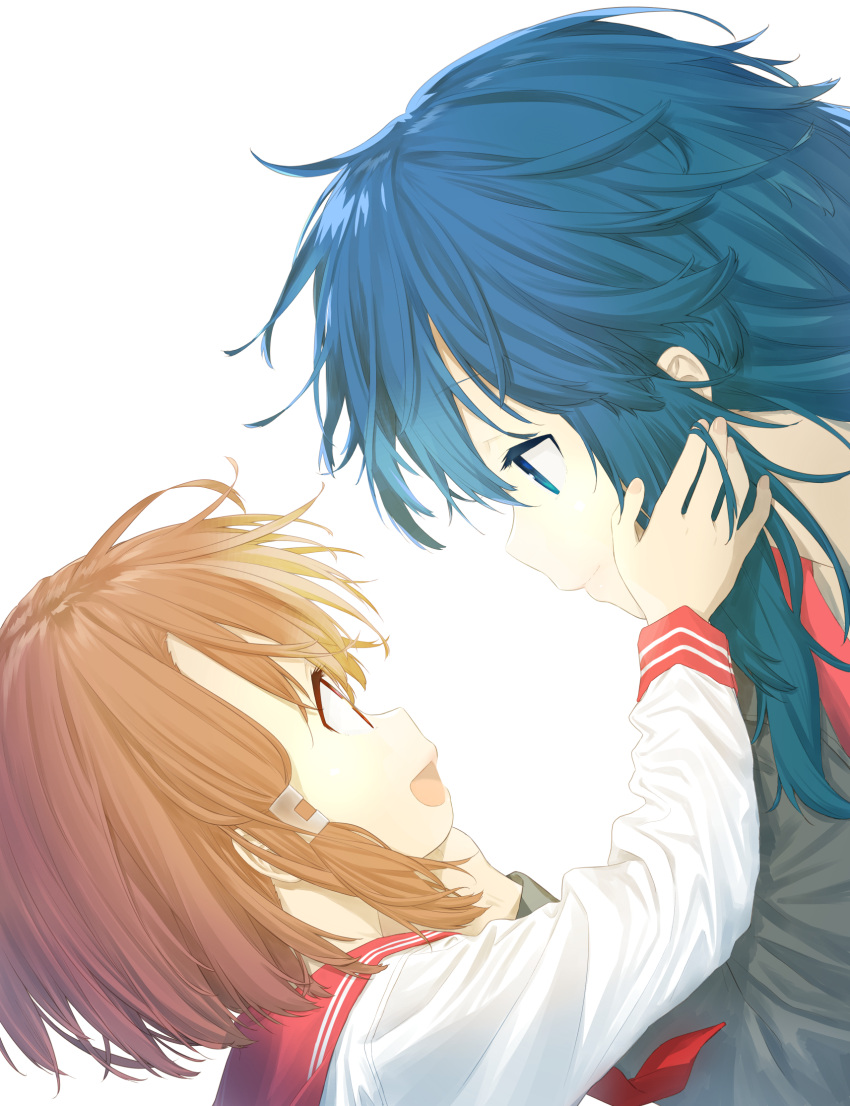 Safebooru - 2girls black hair brown hair cover eye contact hair ornament hand on another's face ...