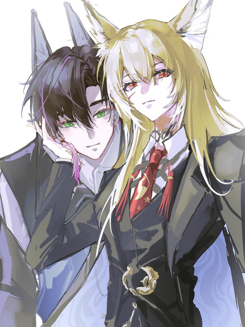 Safebooru - 1boy 1girl animal ears arknights black hair black jacket black vest blonde hair ...