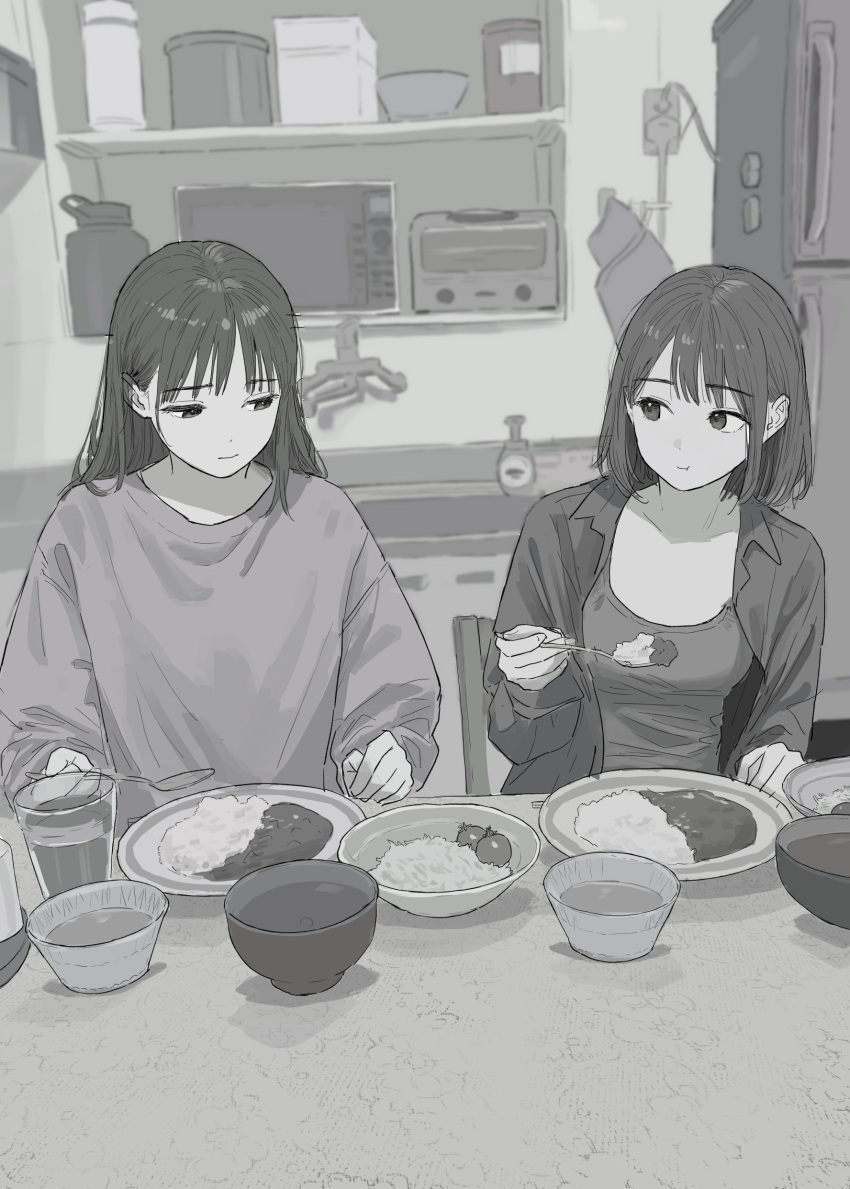 Safebooru - 2girls absurdres akipeko bowl chopsticks closed mouth food ...