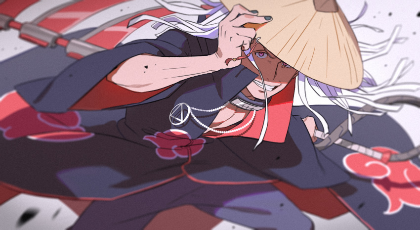 Safebooru - 1boy akatsuki uniform black nails black robe forehead protector grin hand on ...