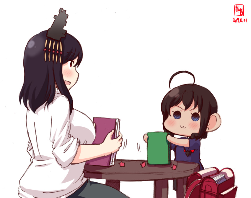Safebooru - 2girls :3 ahoge alternate costume artist logo backpack bag black hair blue eyes blue ...