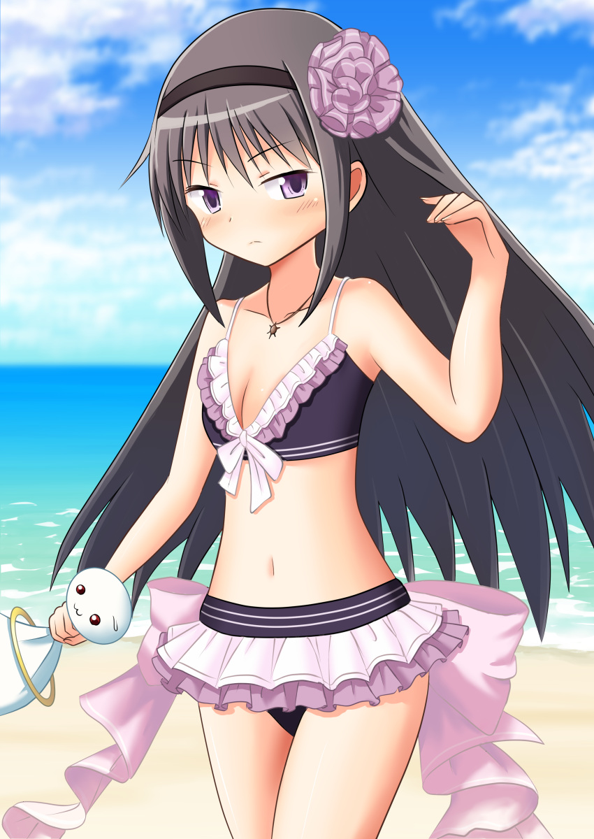 Safebooru - 1girl absurdres akemi homura back bow bangs bare arms bare shoulders beach bikini ...